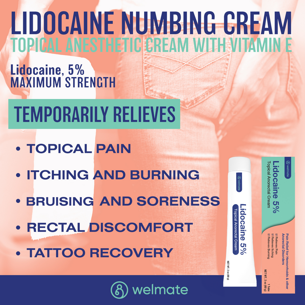 WELMATE Pain Relief, 5% Lidocaine Cream, 2oz – Wellspring Meds